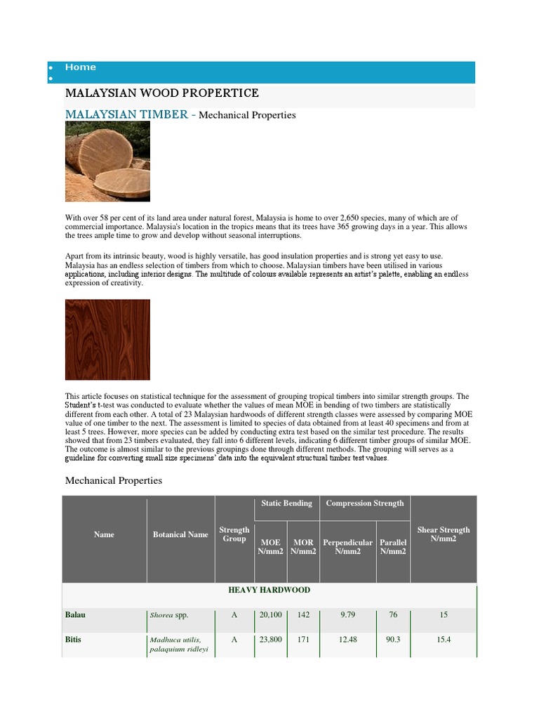 Malaysian Timber - Mechanical Properties | PDF | Lumber | Wood