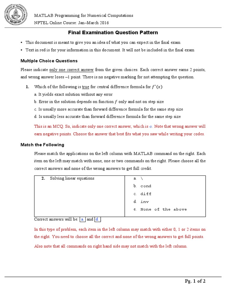 Final Examination Question Pattern: Multiple Choice Questions | PDF ...