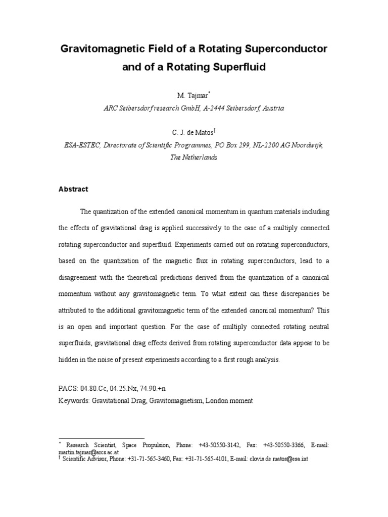 Gravitomagnetic Field of A Rotating Superconductor - ESA | PDF ...