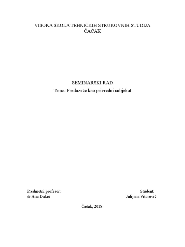 Seminarski Rad Vrste Preduzeca | PDF