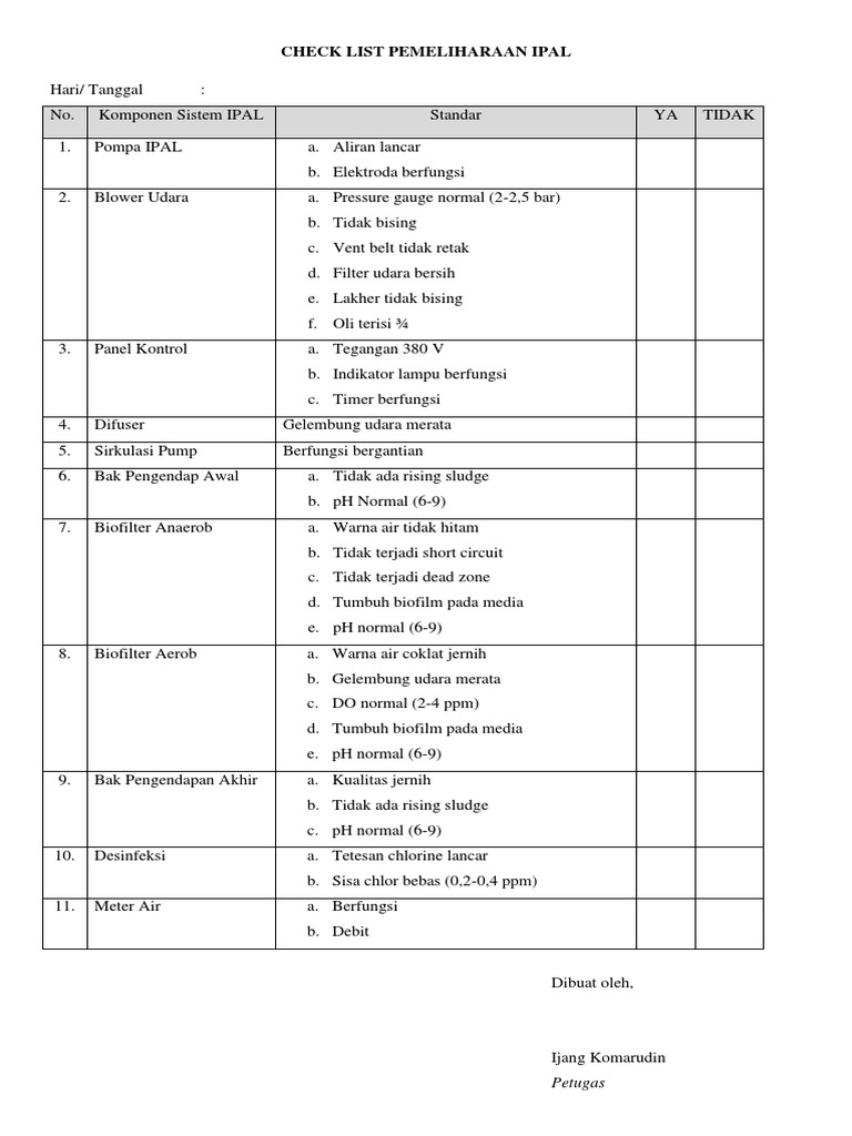 Checklist Pemeliharaan Sistem IPAL | PDF
