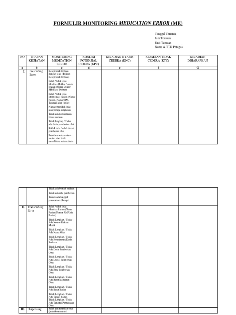 Formulir Monitoring Medication Error | PDF