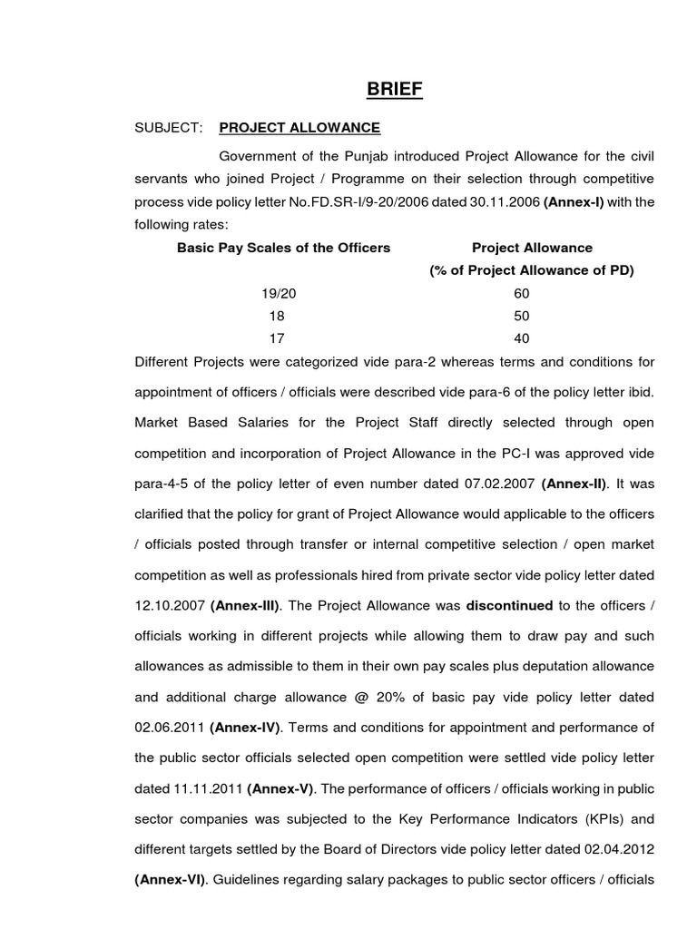 Project Allowance Brief | PDF | Civil Service | Board Of Directors