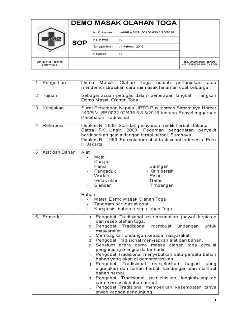 Sop Demo Masak Olahan Toga | PDF