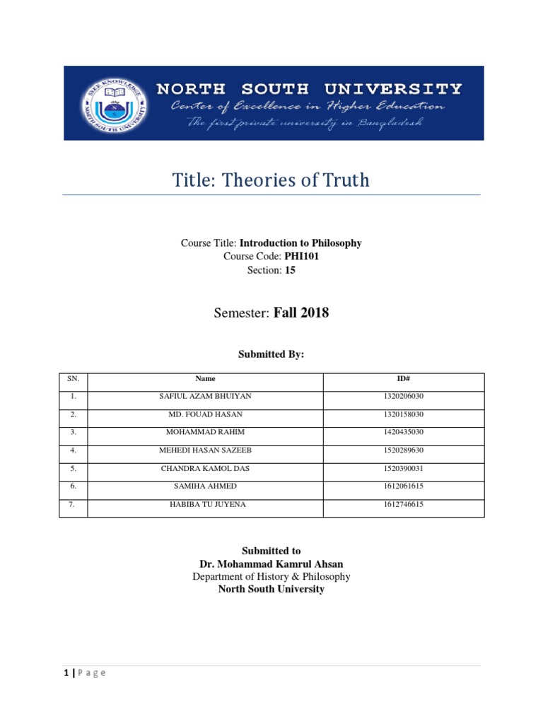 Theories of Truth PHI101 - KRL - NSU | PDF | Correspondence Theory Of ...