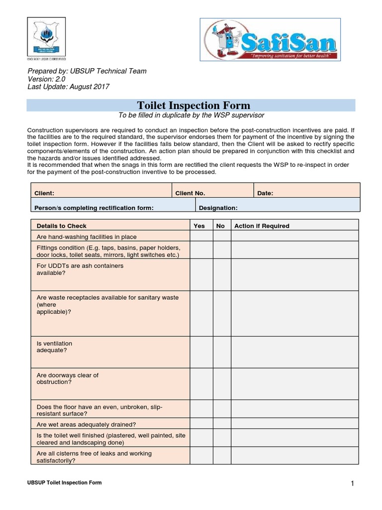 Toilet Inspection Form | PDF | Home & Garden | Technology & Engineering