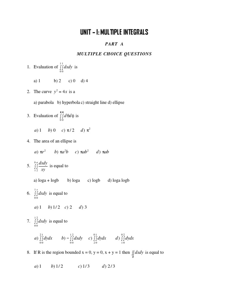 15MA102-U1-MCQ-Multiple Integrals PDF | PDF | Integral | Analytic Geometry
