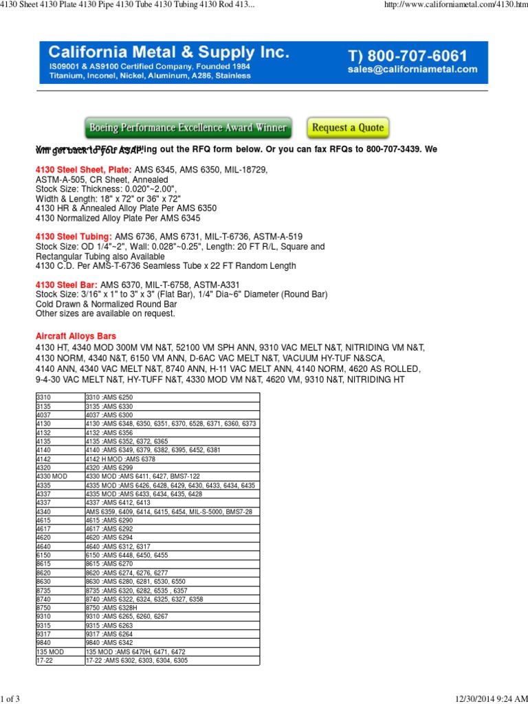4130 Sheet 4130 Plate 4130 Pipe 4130 Tube 4130 Tubing 4130 Rod 4130 Bar ...