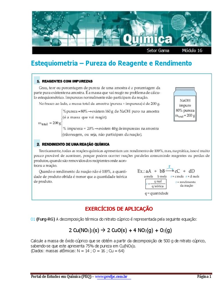 Estequiometria - Pureza Do Reagente e Rendimento | PDF | Ferro | Mercúrio (elemento)