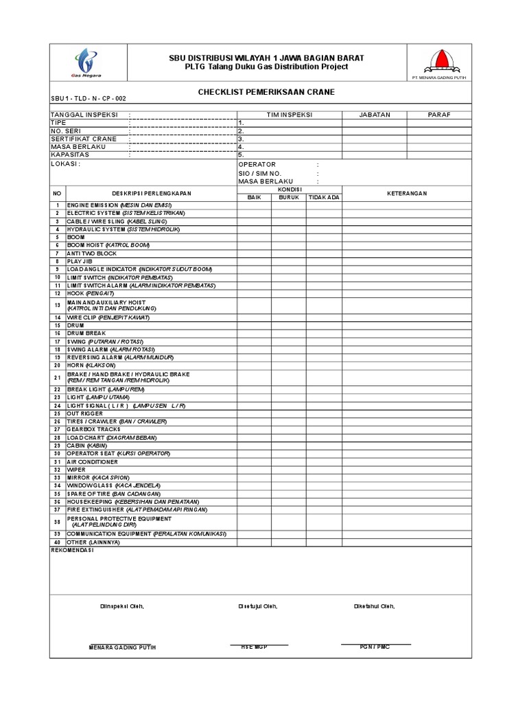 Lampiran 9 Crane Inspection Form NK | PDF