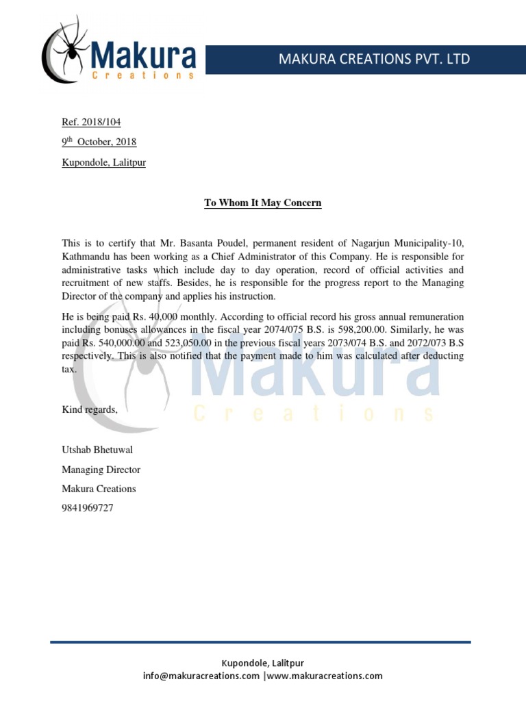 Makura Creations Pvt. LTD: To Whom It May Concern | PDF | Finance ...