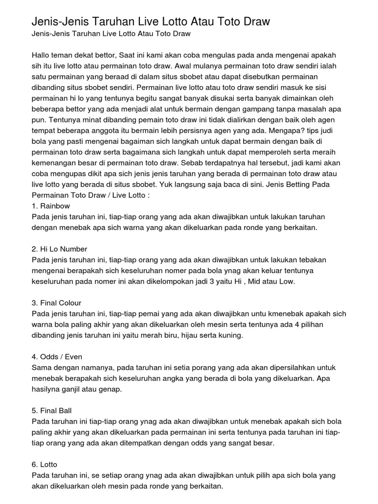 Jenis-Jenis Taruhan Live Lotto Atau Toto Draw | PDF | Olahraga ...