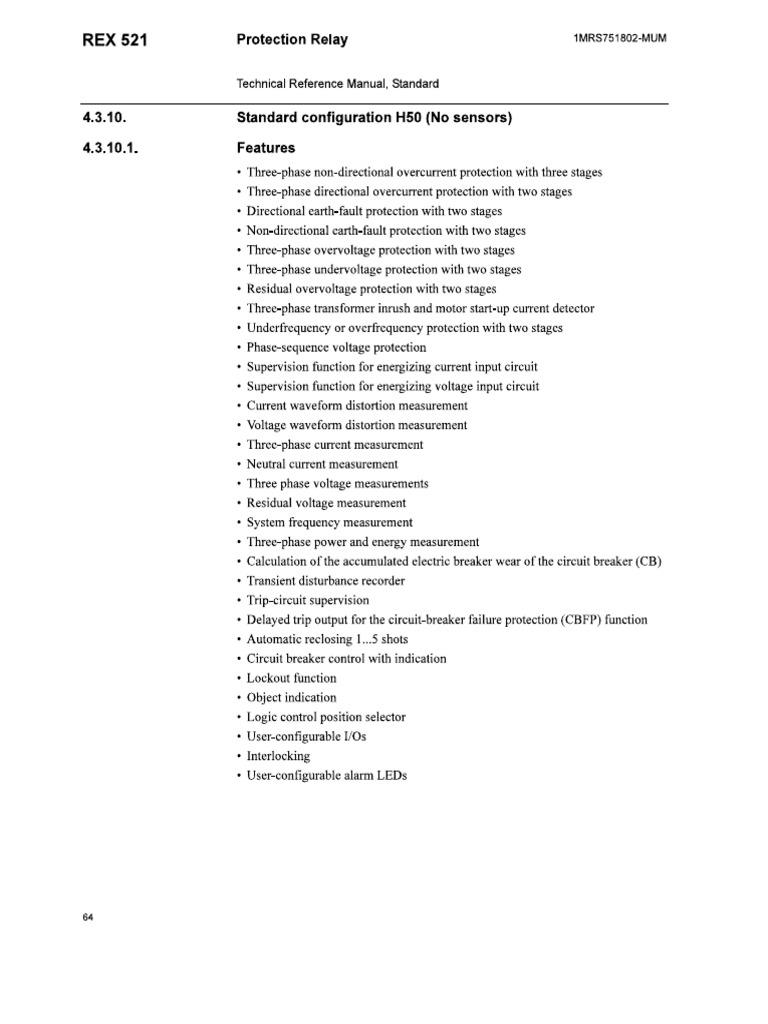 REX521 H50 Standard Features | PDF