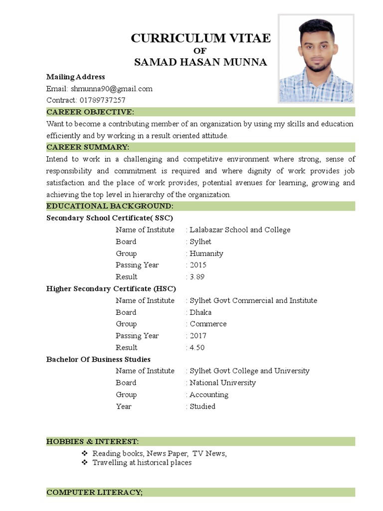 Curriculum Vitae: Samad Hasan Munna | PDF | Behavior Modification | Communication