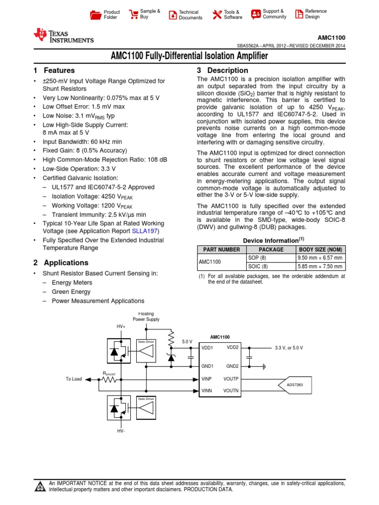 Datasheet AMC1100 PDF | PDF | Electrostatic Discharge | Amplifier