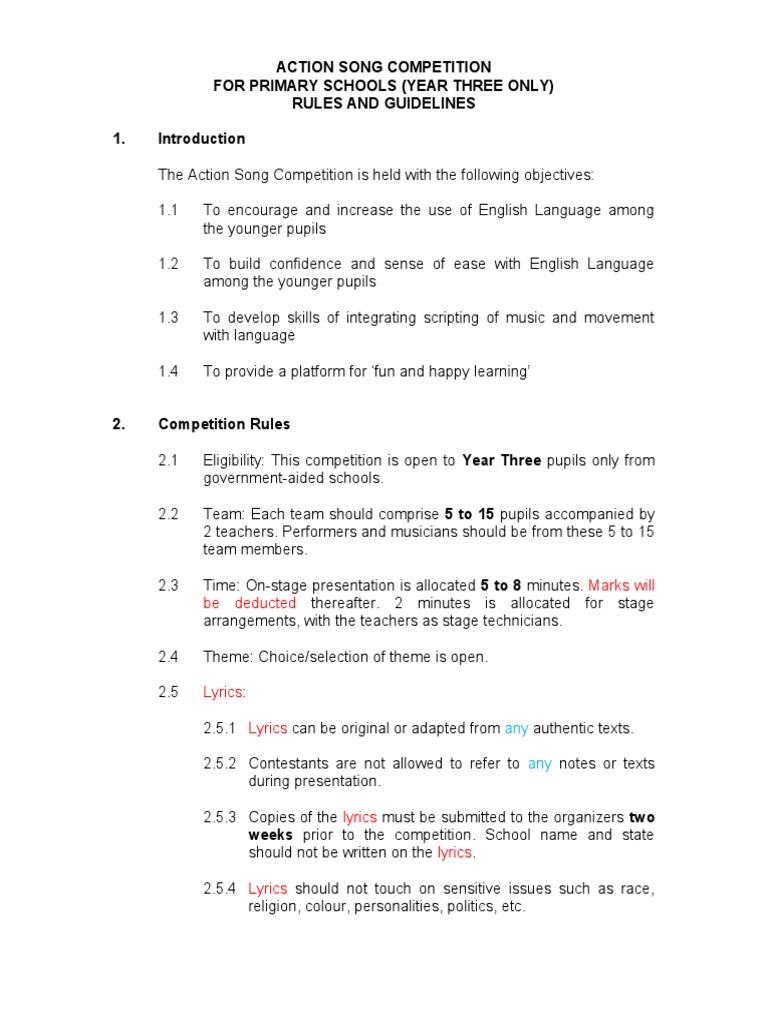Action Song Competition For Primary Schools (Year Three Only) Rules and ...