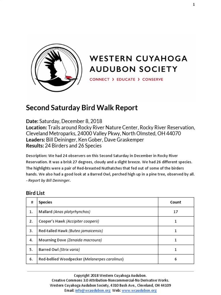 Second Saturday Bird Walk December 8, 2018 at Rocky River Nature Center ...
