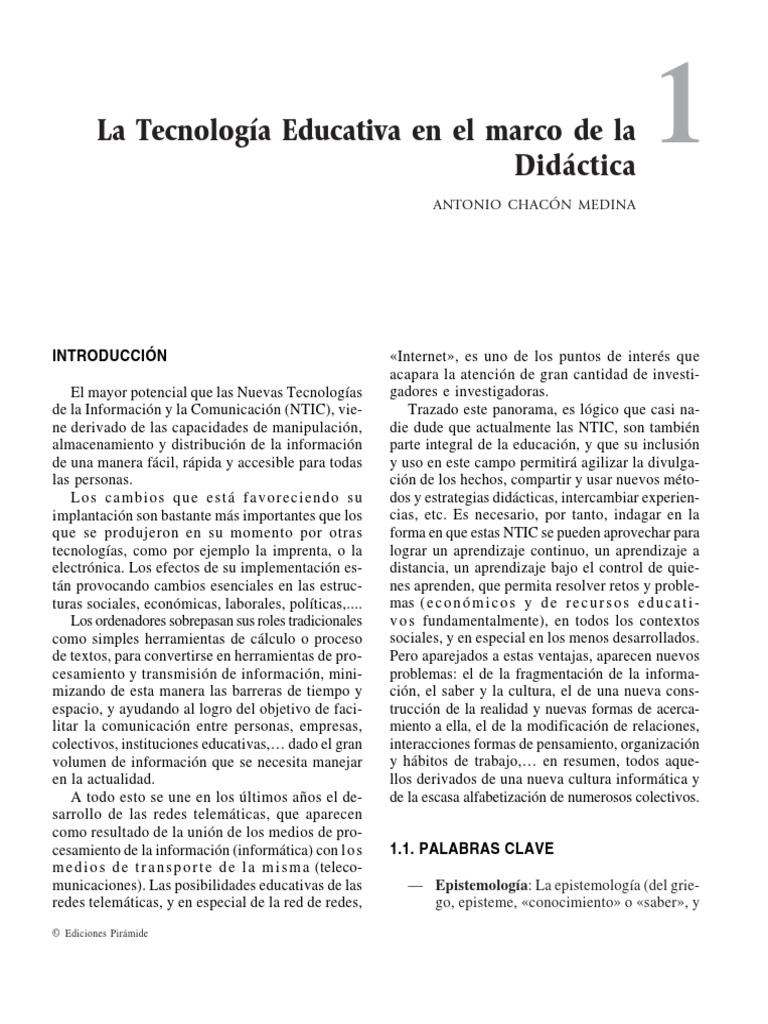 La Tecnologia Educativa en El Marco de La Didactica. Capitulo 1 PDF ...