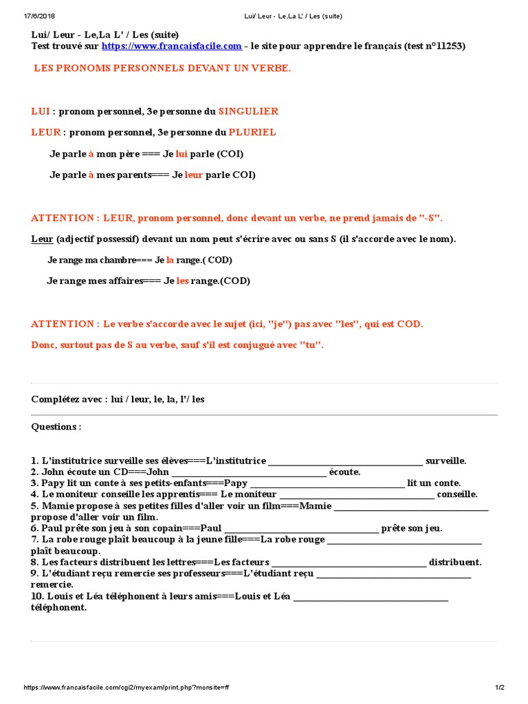 Exercices sur les pronoms personnels | PDF | Arts du langage et discipline