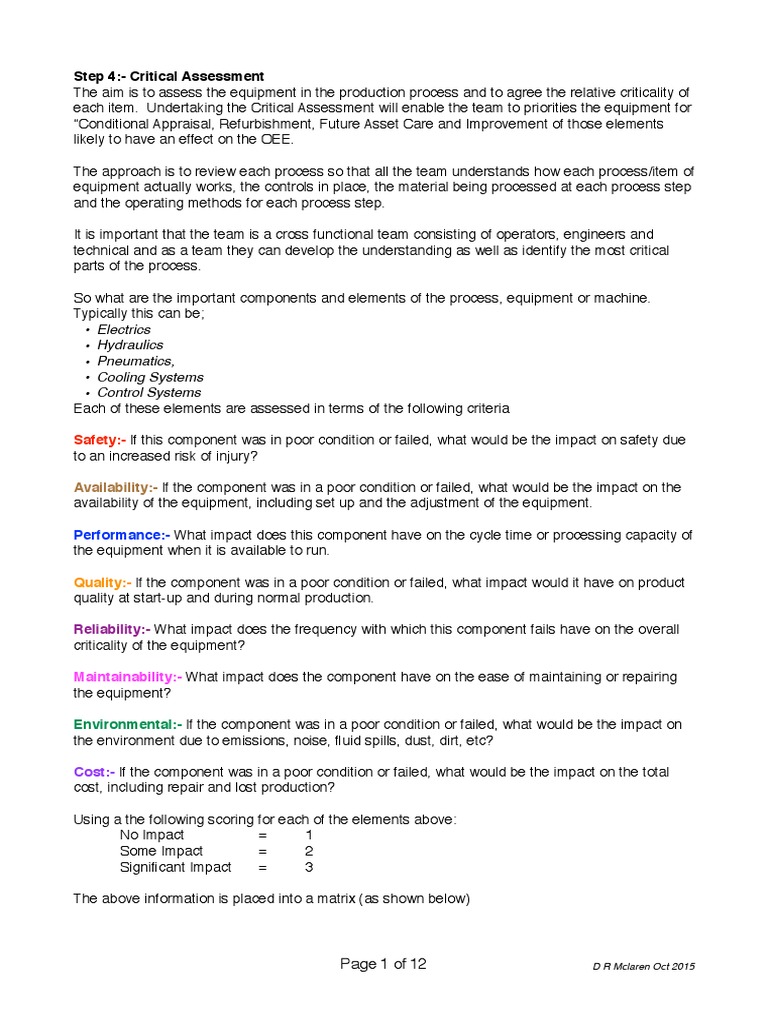 Operator Asset Care Critical Assessment Section | PDF | Reliability ...