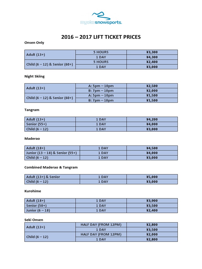 2016 - 2017 Lift Ticket Prices | PDF