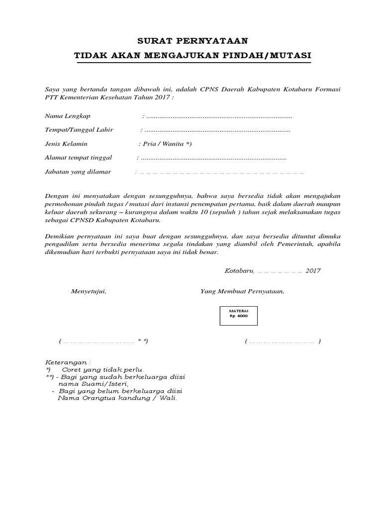 Contoh Surat Pernyataan Mutasi