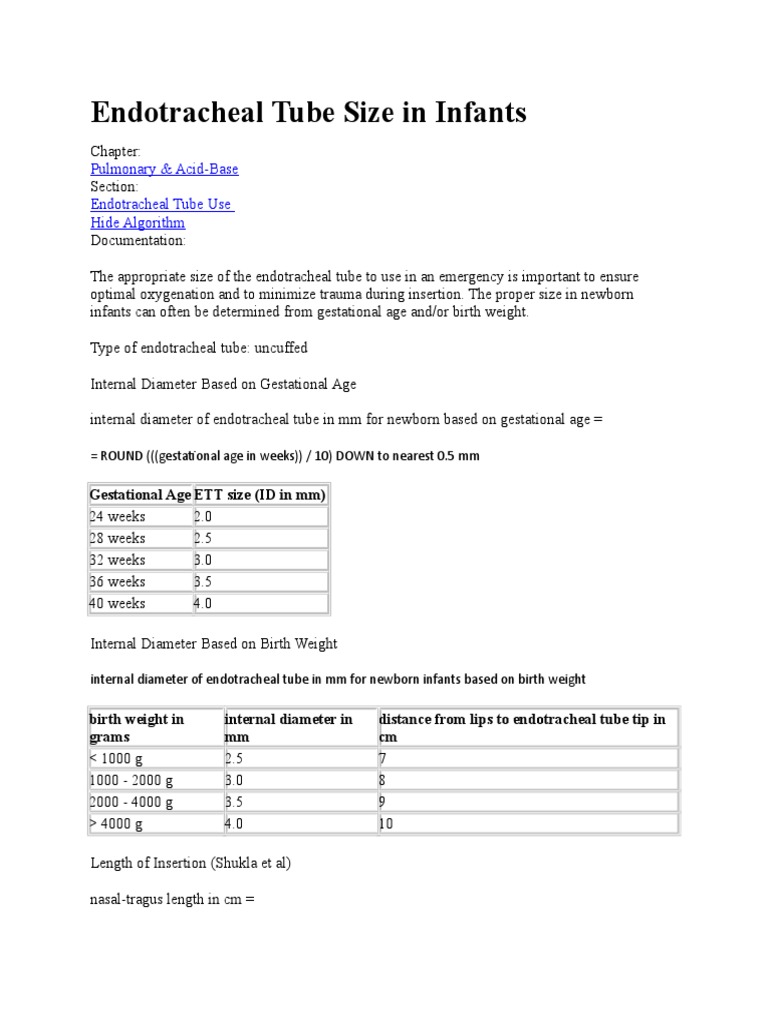 Endotracheal Tube Size in Infants | Download Free PDF | Medicine ...