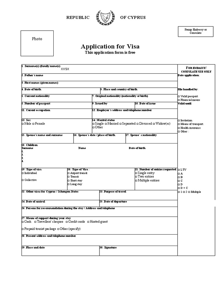 Application For Cyprus Visa | PDF | Travel Visa | Passport