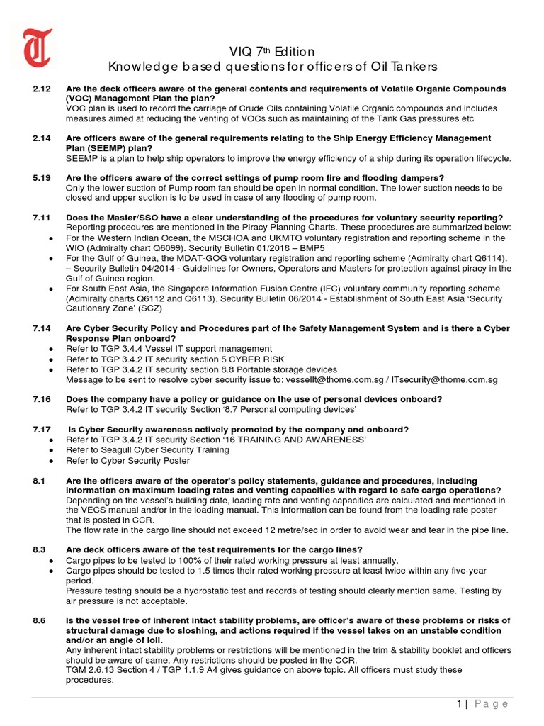 VIQ 7 - Knowlwdge Based Questions For Officers - Oil Tankers PDF | PDF ...