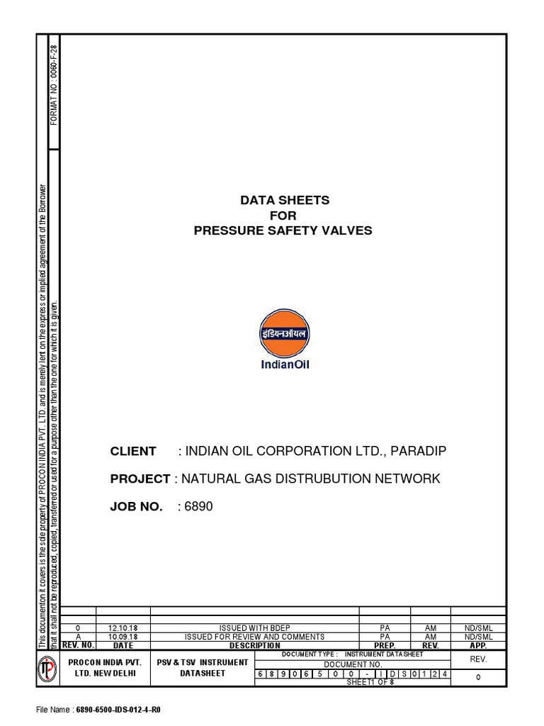 PROCON PSV Data Sheet for IOCL Paradip Project | PDF | Valve | Pressure