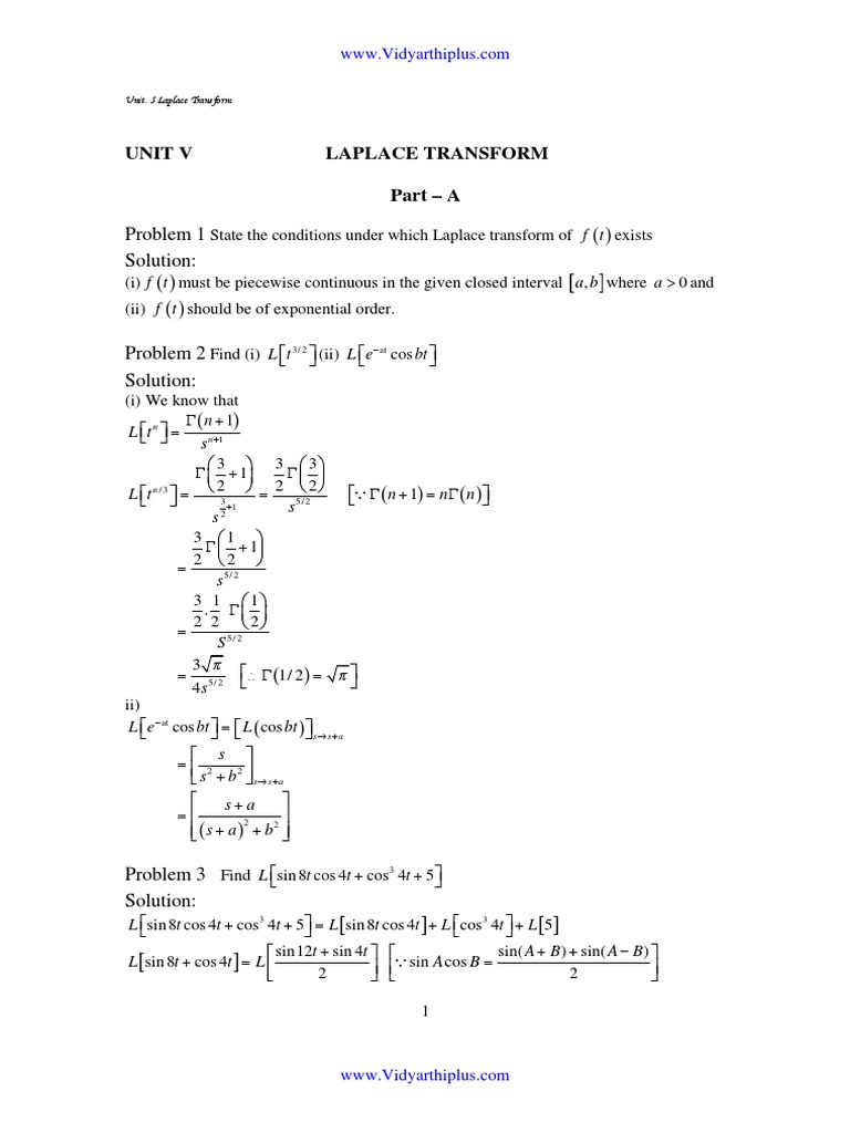 Unit V Laplace Transform Part - A: Problem 1 Solution | Download Free PDF | Mathematical ...
