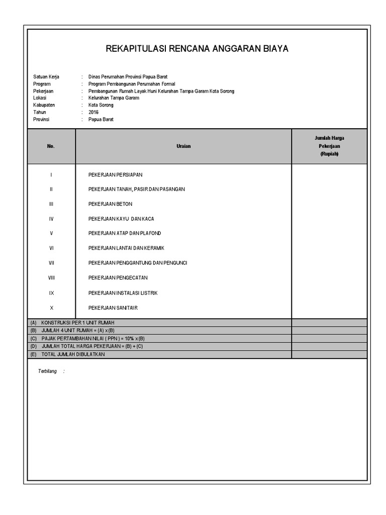 BOQ Rumah Kota Sorong Tampa Garam | PDF