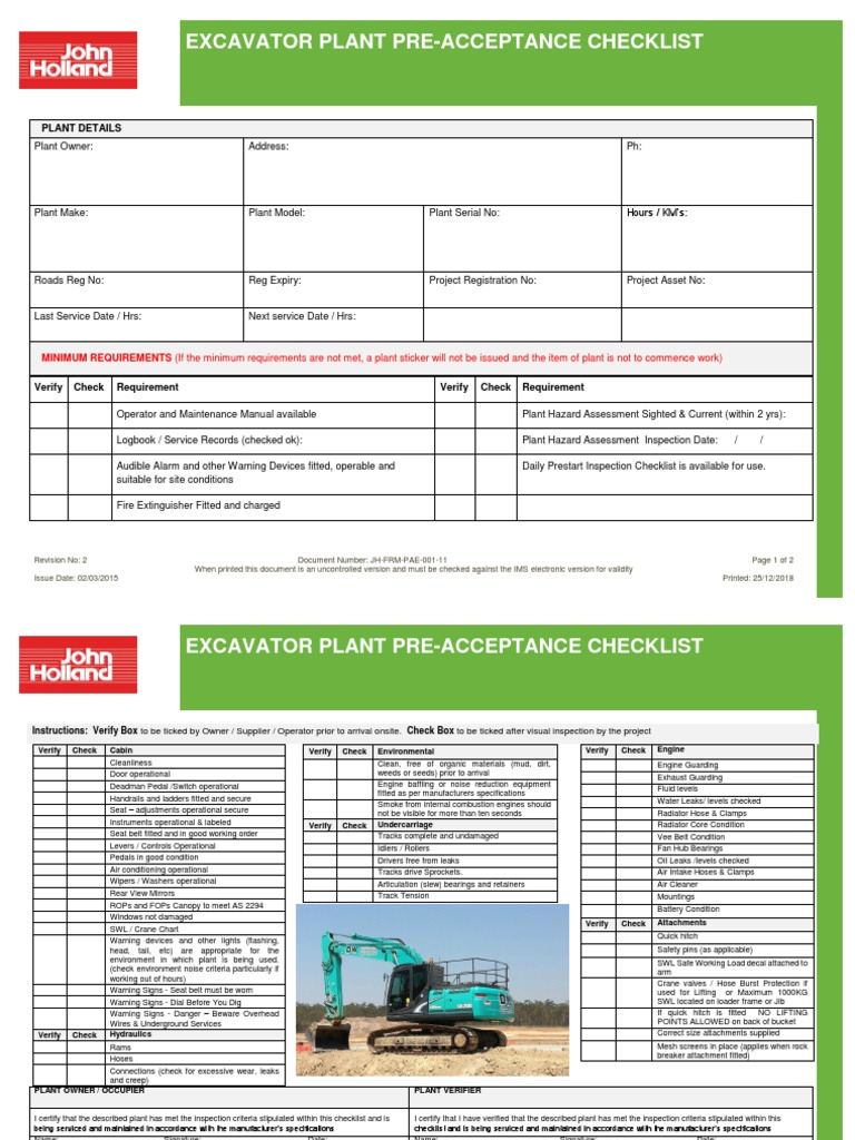 JH FRM Pae 001 11 Excavator Plant Pre Acceptance Checklist | PDF ...