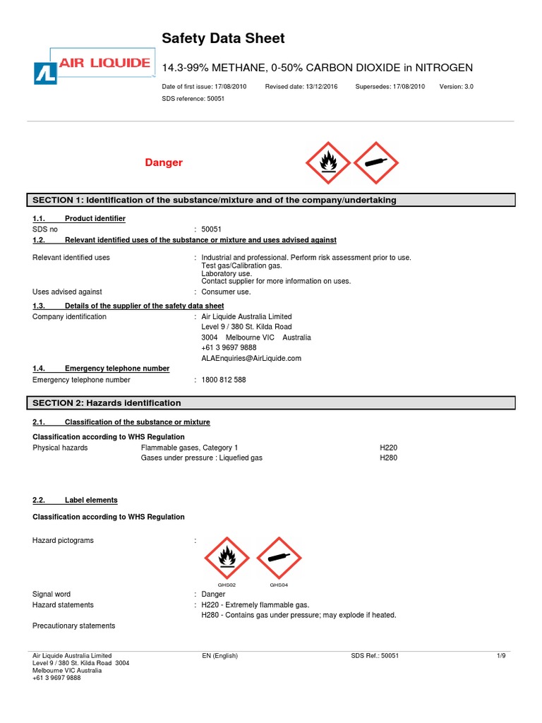 Sds Methane Gas by Air Liquide Print Nov 18 | PDF | Personal Protective ...