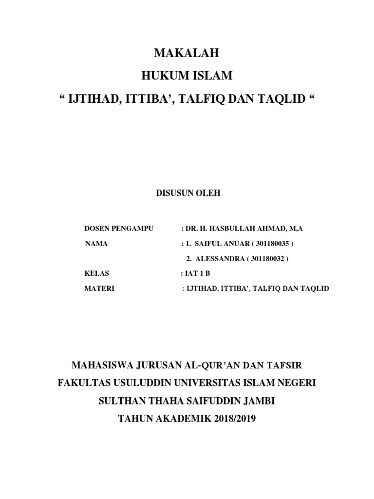 Makalah Hukum Islam "Ijtihad, Ittiba', Talfiq Dan Taqlid" | PDF ...
