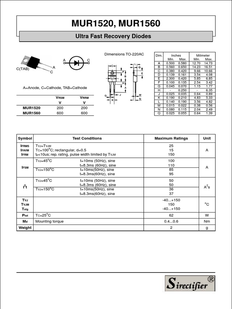 Data Sheet MUR 1520, MUR 1560 | PDF | Diode | Electrical Equipment