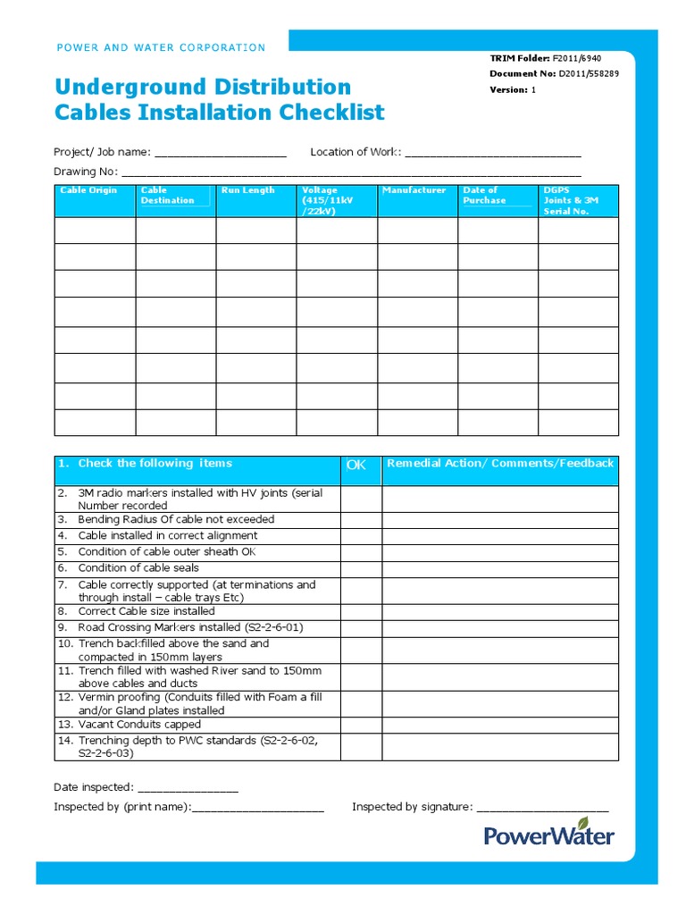 Underground Distribution Cables and Terminations Checklist - Version 1 ...