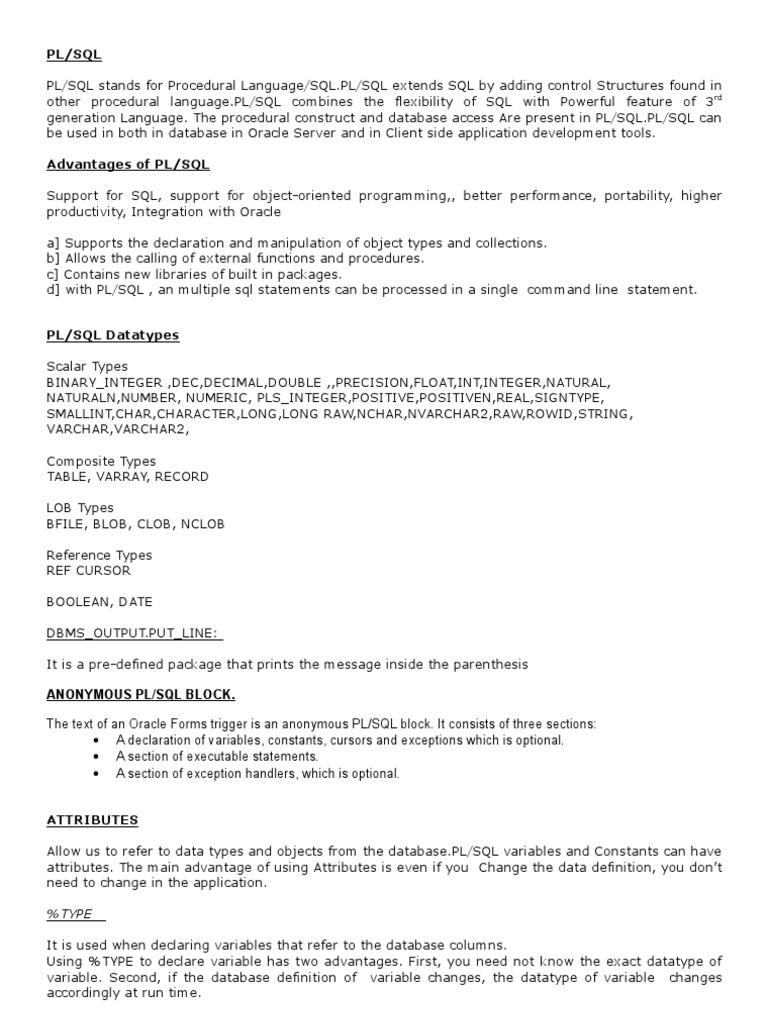 Pl Sql Notes Only Pdf Plsql Parameter Computer Programming 