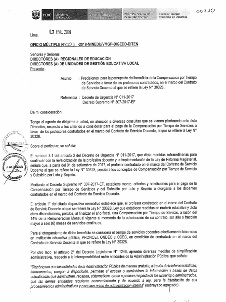 Oficio Multiple 001 2018 Minedu VMGP Digedd Diten Presiciones CTS PDF | PDF