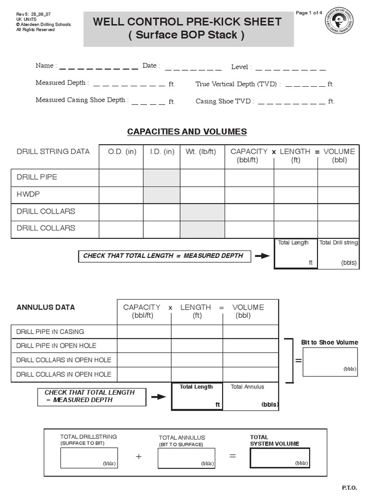 Well Control Pre-Kick Sheet (Surface BOP Stack) : Capacities and ...
