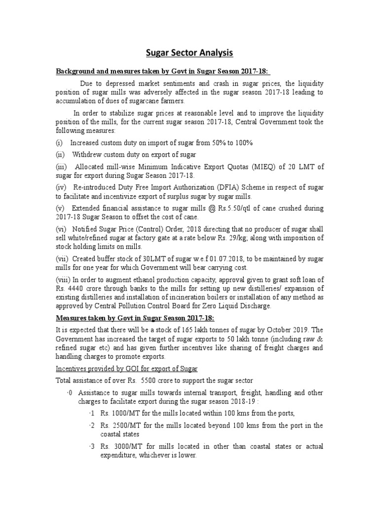 Sugar Sector Analysis: Background and Measures Taken by Govt in Sugar ...