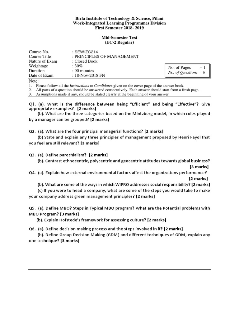 POM Mid Sem Question Paper | PDF | Test (Assessment) | Psychology