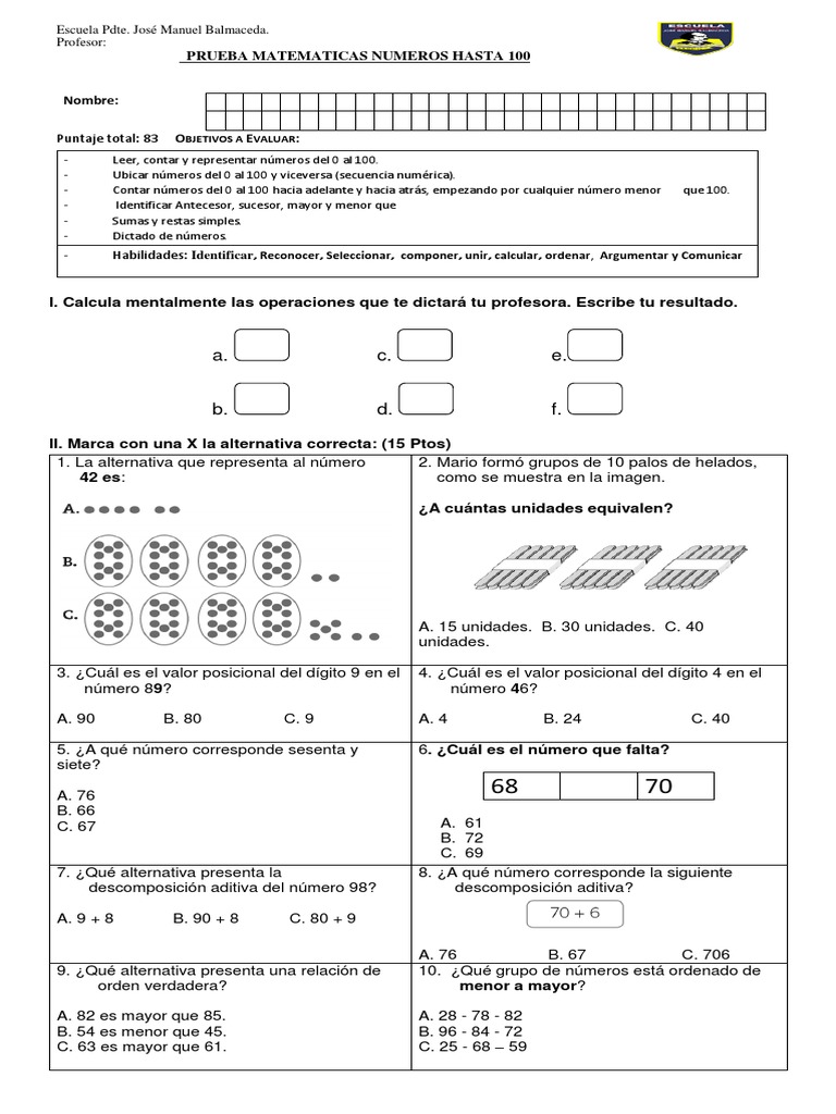 Prueba de Matemáticas: Números hasta 100 | PDF | Enseñanza de ...