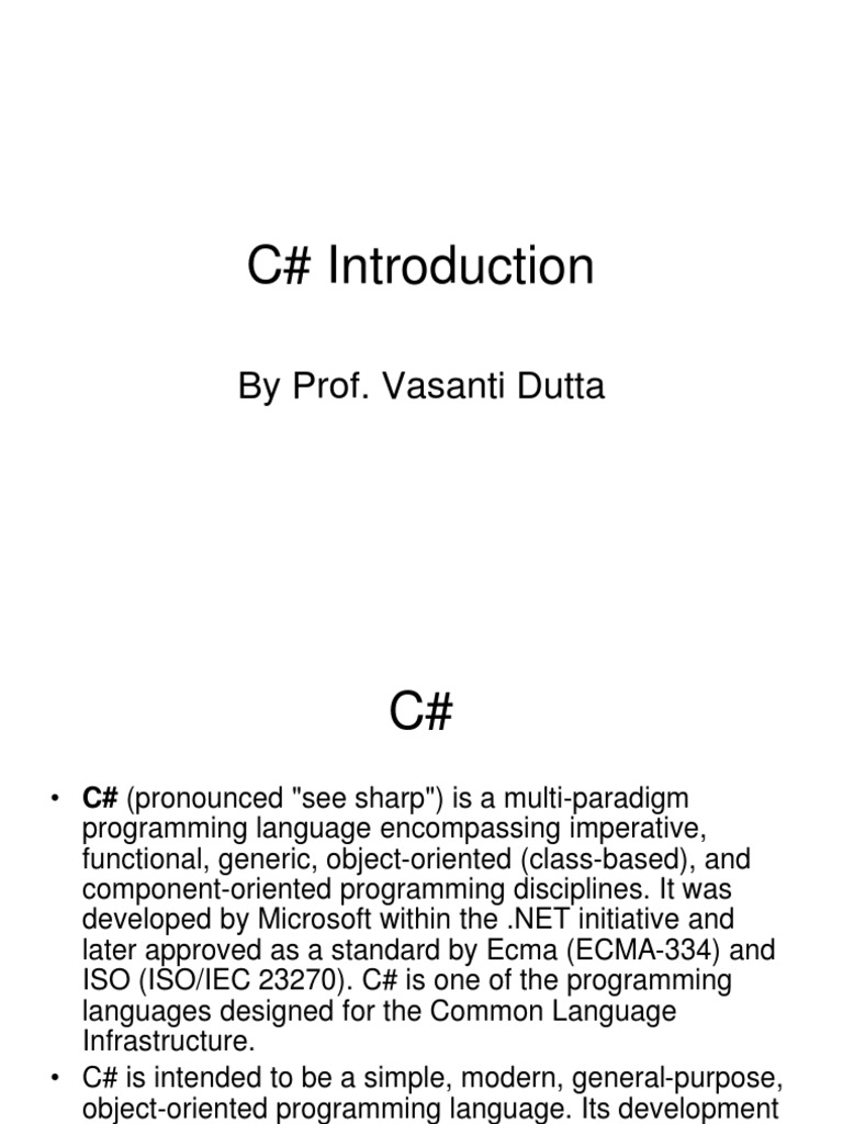 C# Introduction: by Prof. Vasanti Dutta | PDF | C Sharp (Programming ...