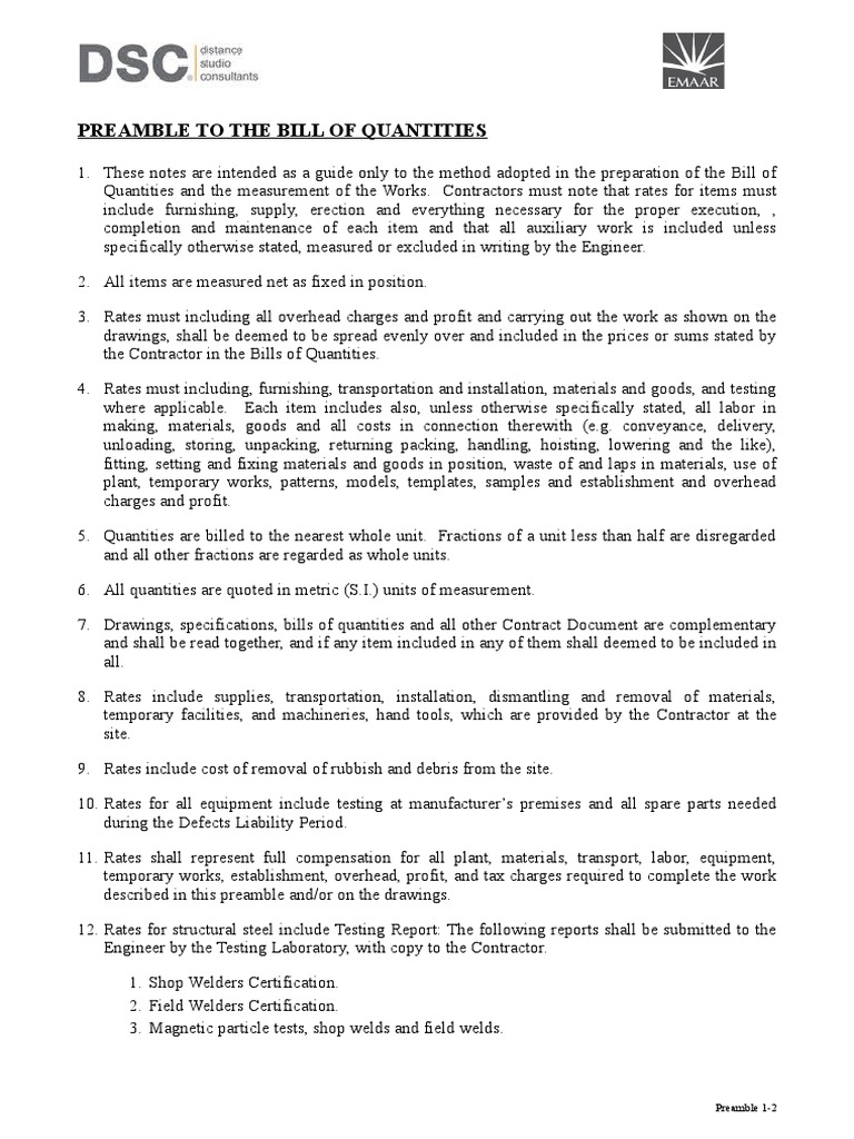 Preamble To The Bill of Quantities | PDF | Welding | Construction