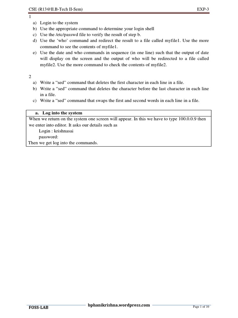 A. Log Into The System: CSE (R13@II.B-Tech II-Sem) EXP-3 | PDF | Shell (Computing) | Unix Software