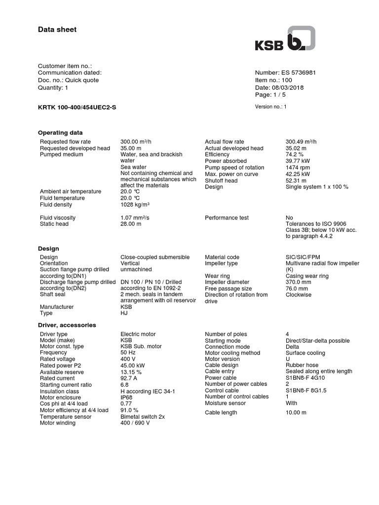 ksb غاطس | PDF | Engineering Tolerance | Pump