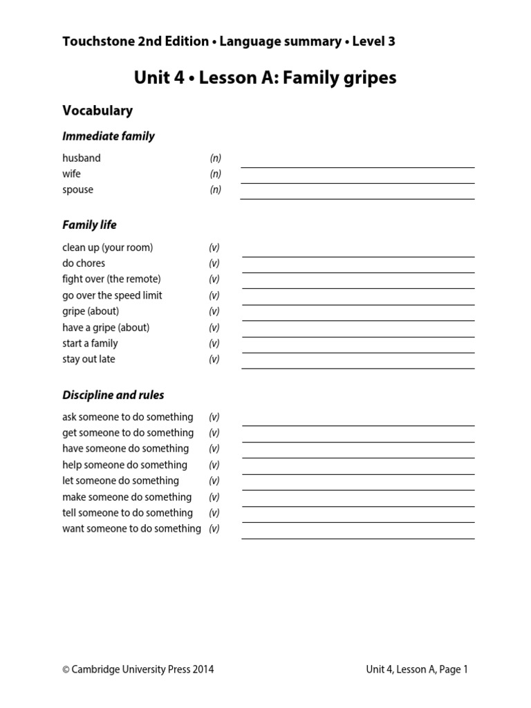 Unit 4 - Lesson A: Family Gripes: Touchstone 2nd Edition - Language Summary - Level 3 | PDF ...