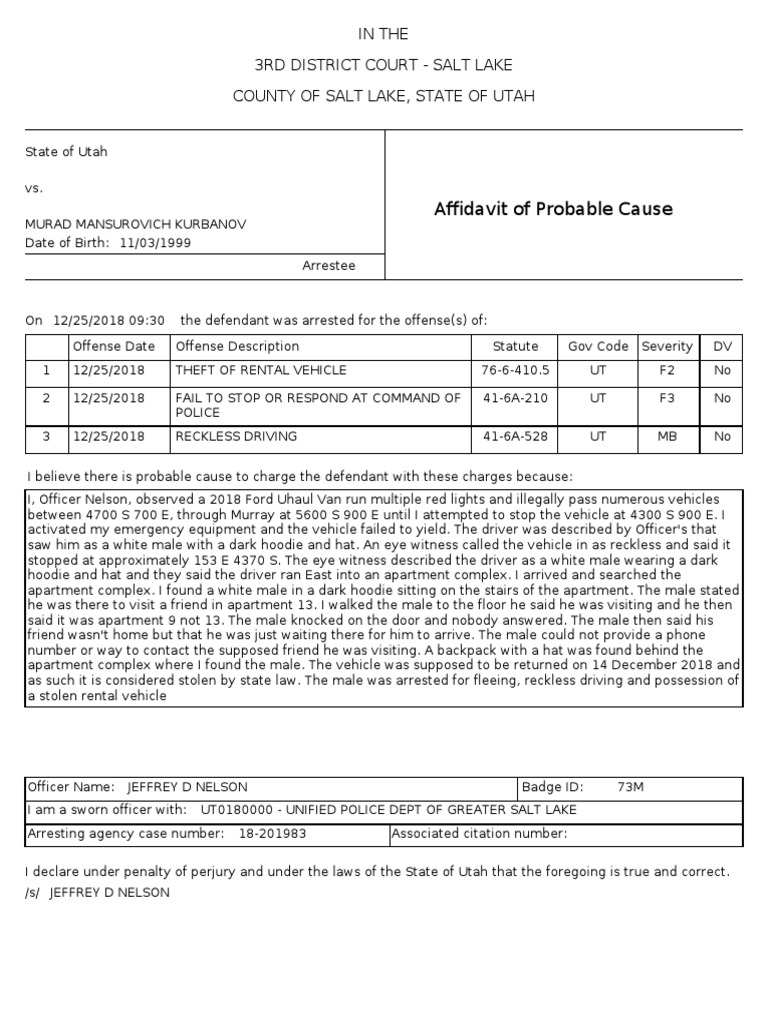 Murad Kurbanov Probable Cause Statement | Utah | Justice
