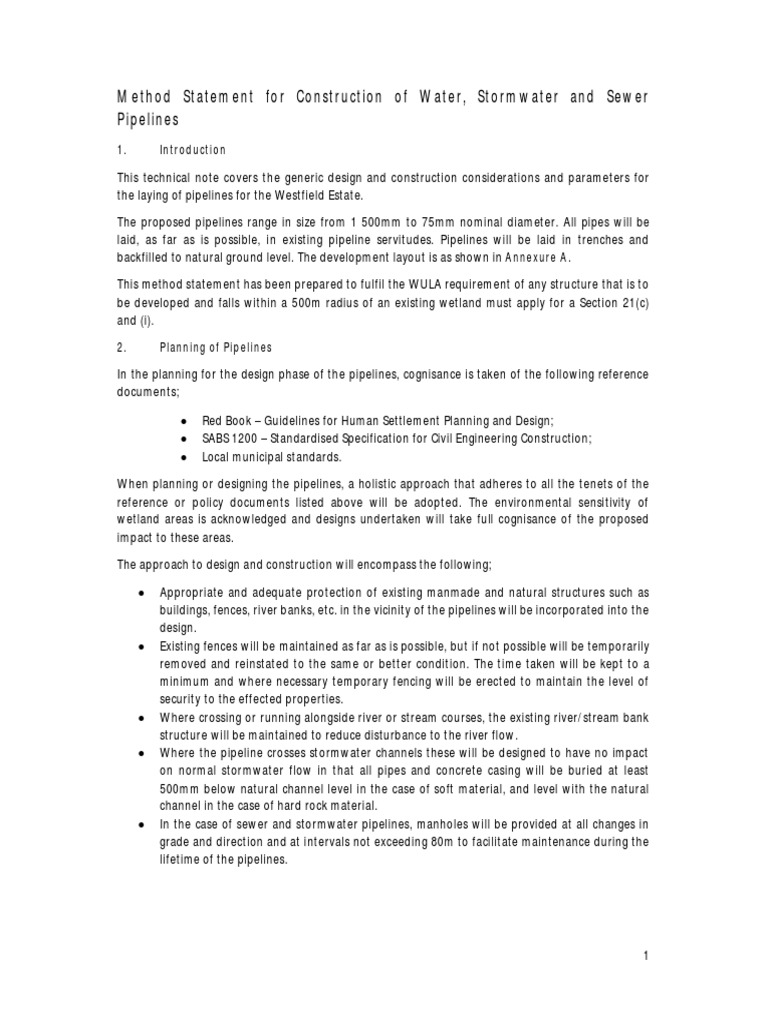 Method Statement For Construction of Water, Stormwater and Sewer ...